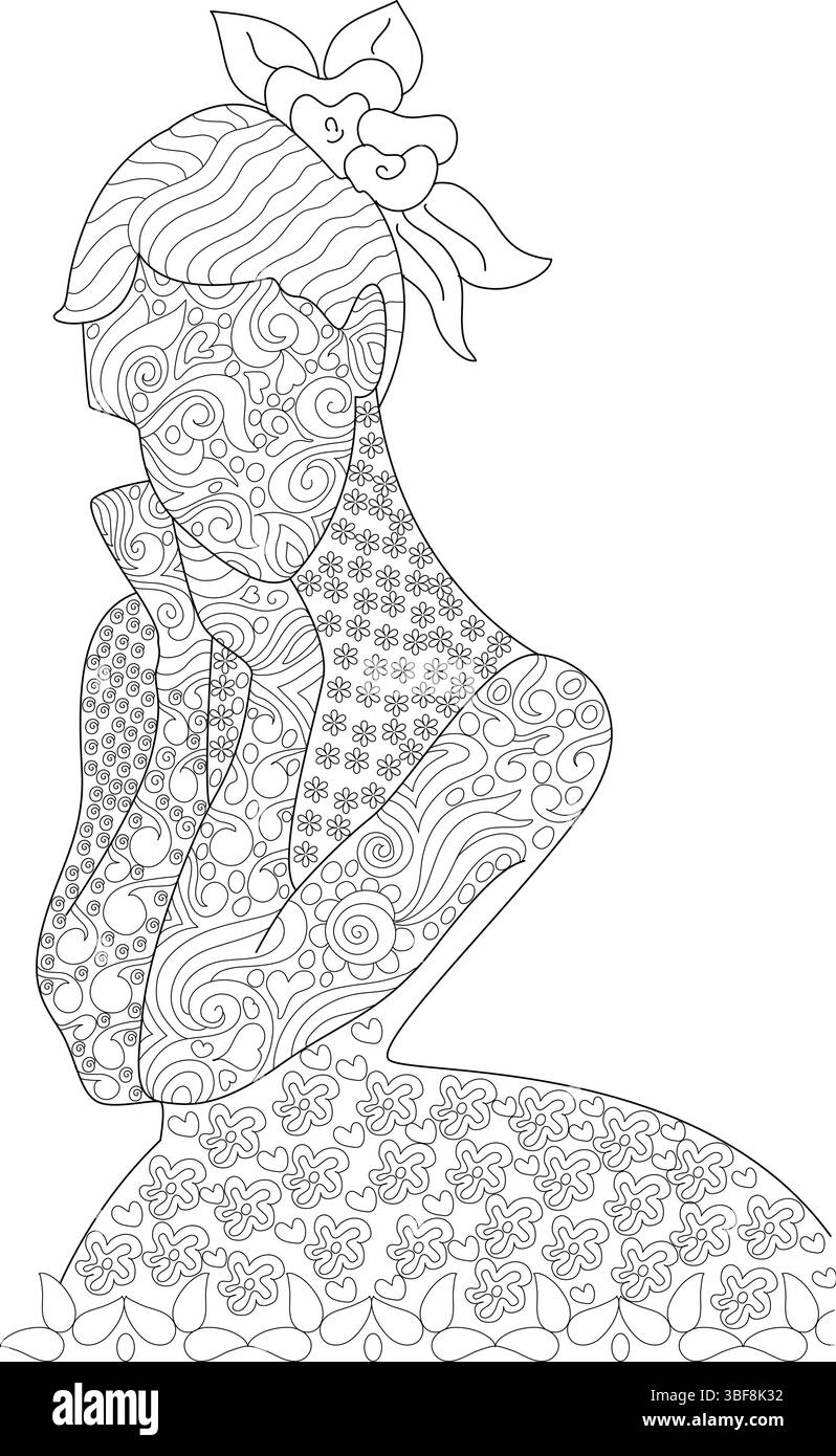 Intricate black and white outline illustration of a flower girl figure ...