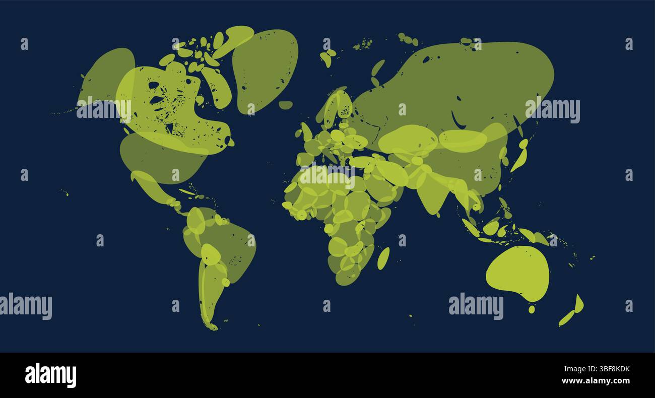 Abstract green world map with splash shapes on dark blue. Artistic ...