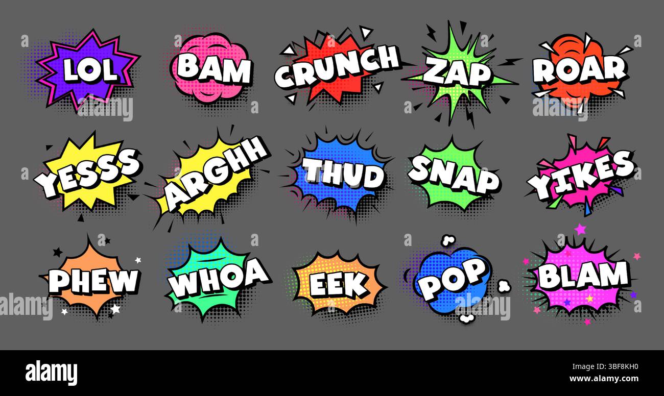 Comic sound effects LOL BAM CRUNCH ZAP in retro pop art style. Colorful ...