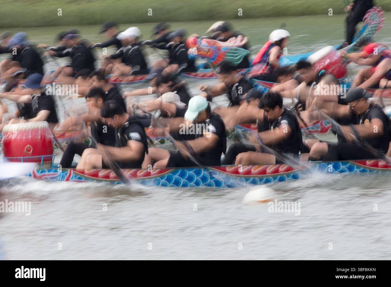 Participator row dragon boats during the annual Dragon Boat Festival ...
