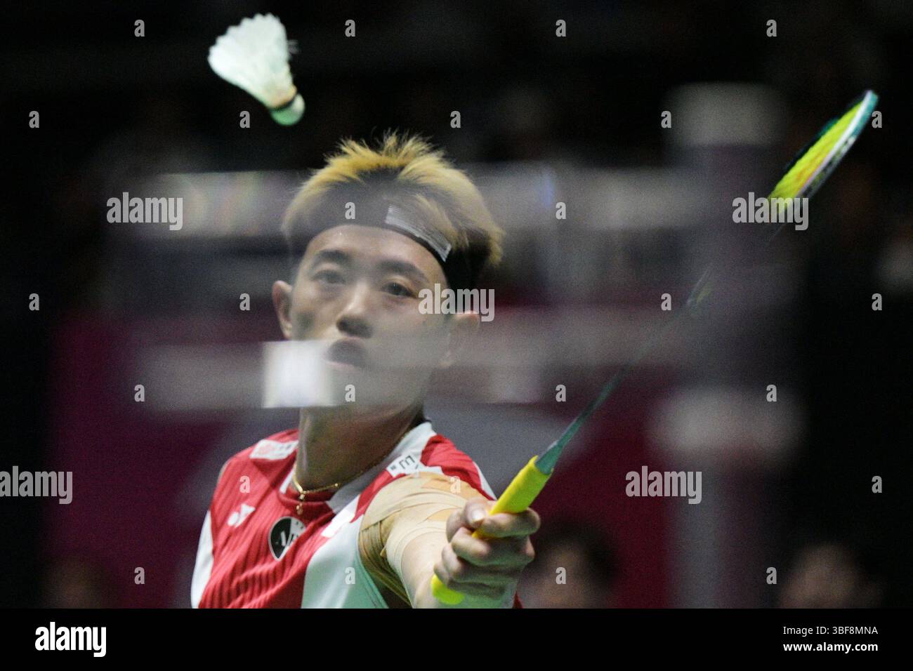 Singapore. 31st May, 2025. Lin Chun-Yi of Chinese Taipei hits a return during the men's singles ...