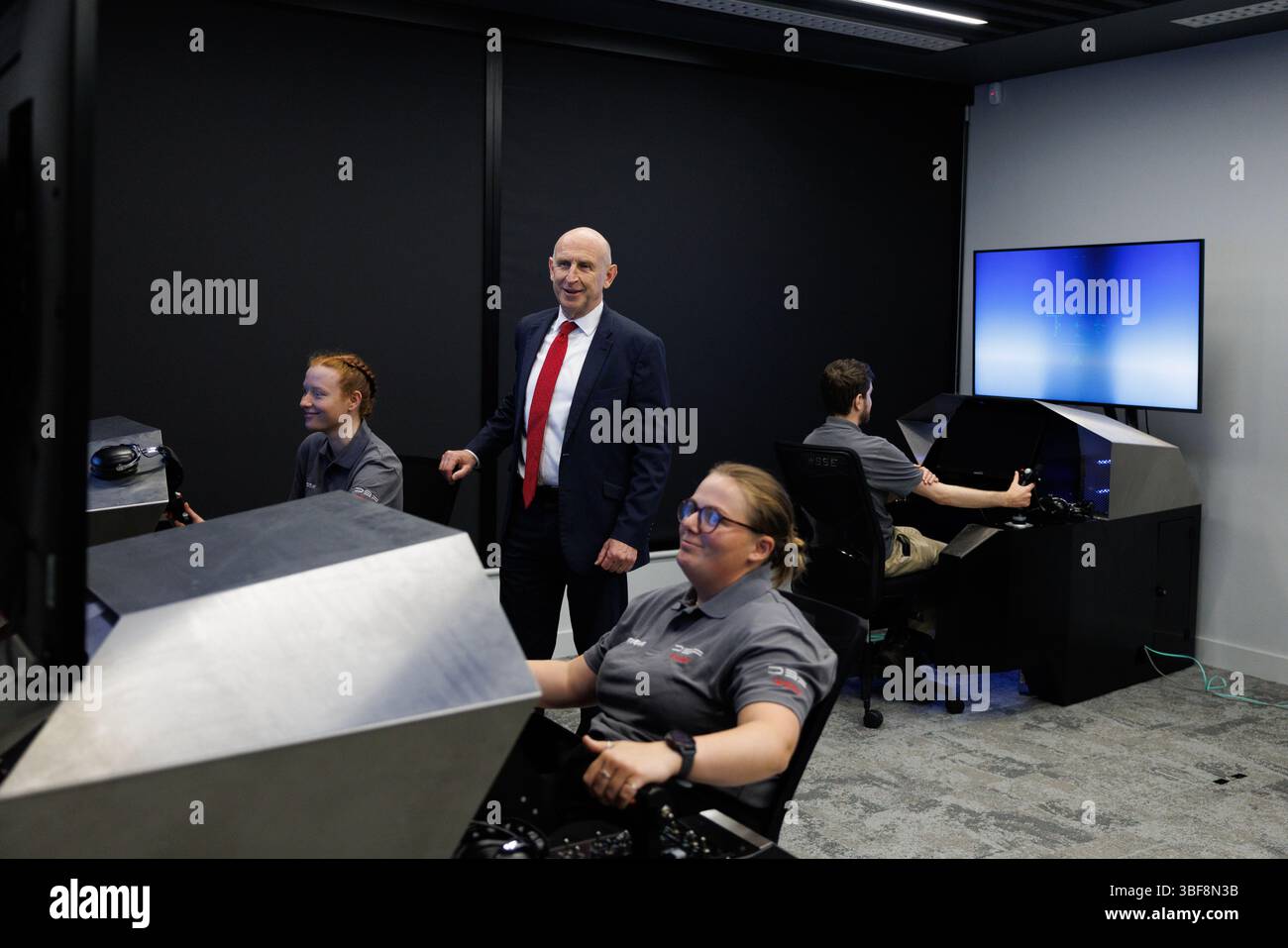 Defence Secretary John Healey is shown an air to air combat simulation during a visit to the ...