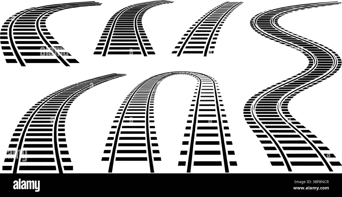 Set of black train tracks in curved and straight directions for transport related vector art ...