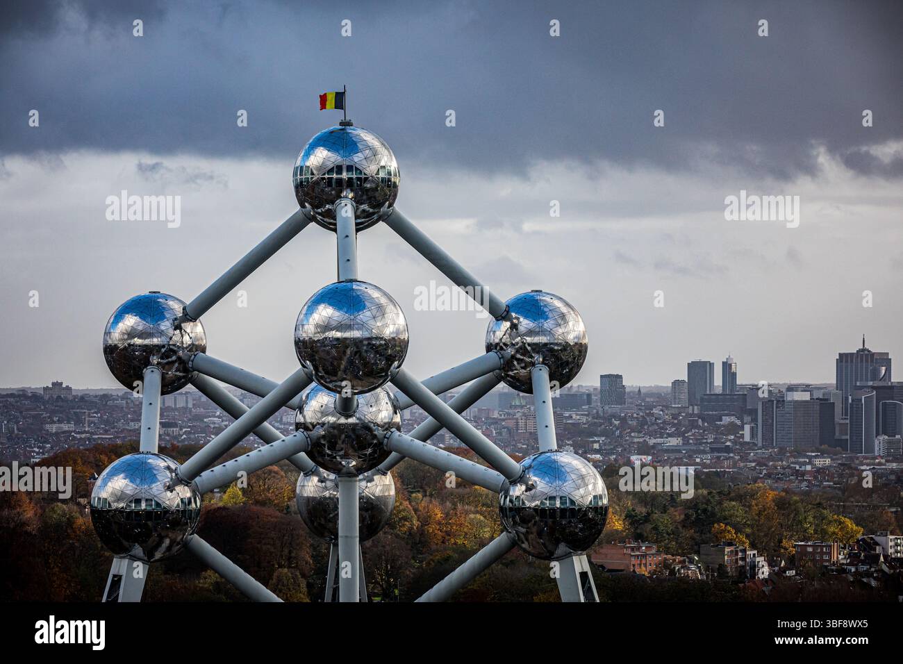 High Angle view on the Atomium in Brussels, Belgium, with the city ...