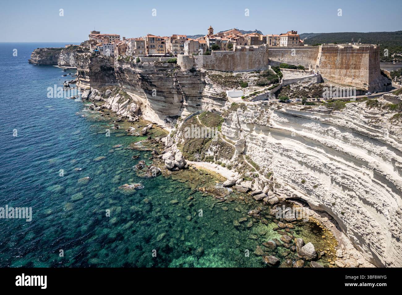 Landscape of Bonifacio city, Corsica, France. Buildings and houses on ...