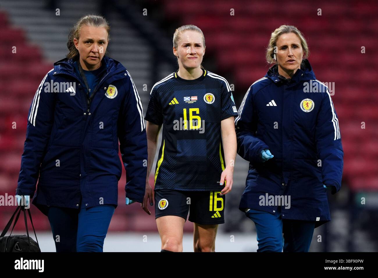 Scotland's Amy Rodgers leaves the game with an injury during the UEFA ...