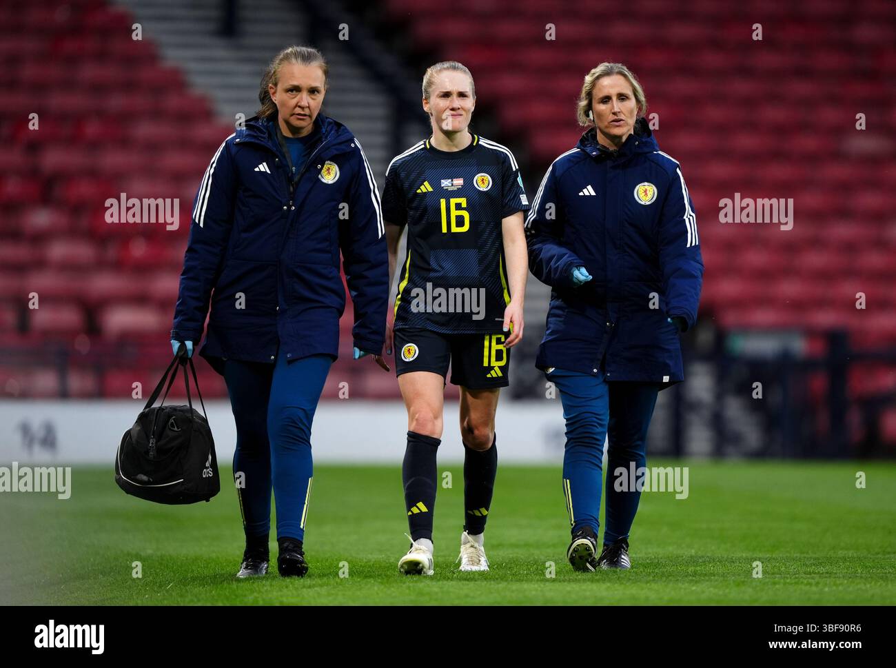 Scotland's Amy Rodgers leaves the game with an injury during the UEFA ...