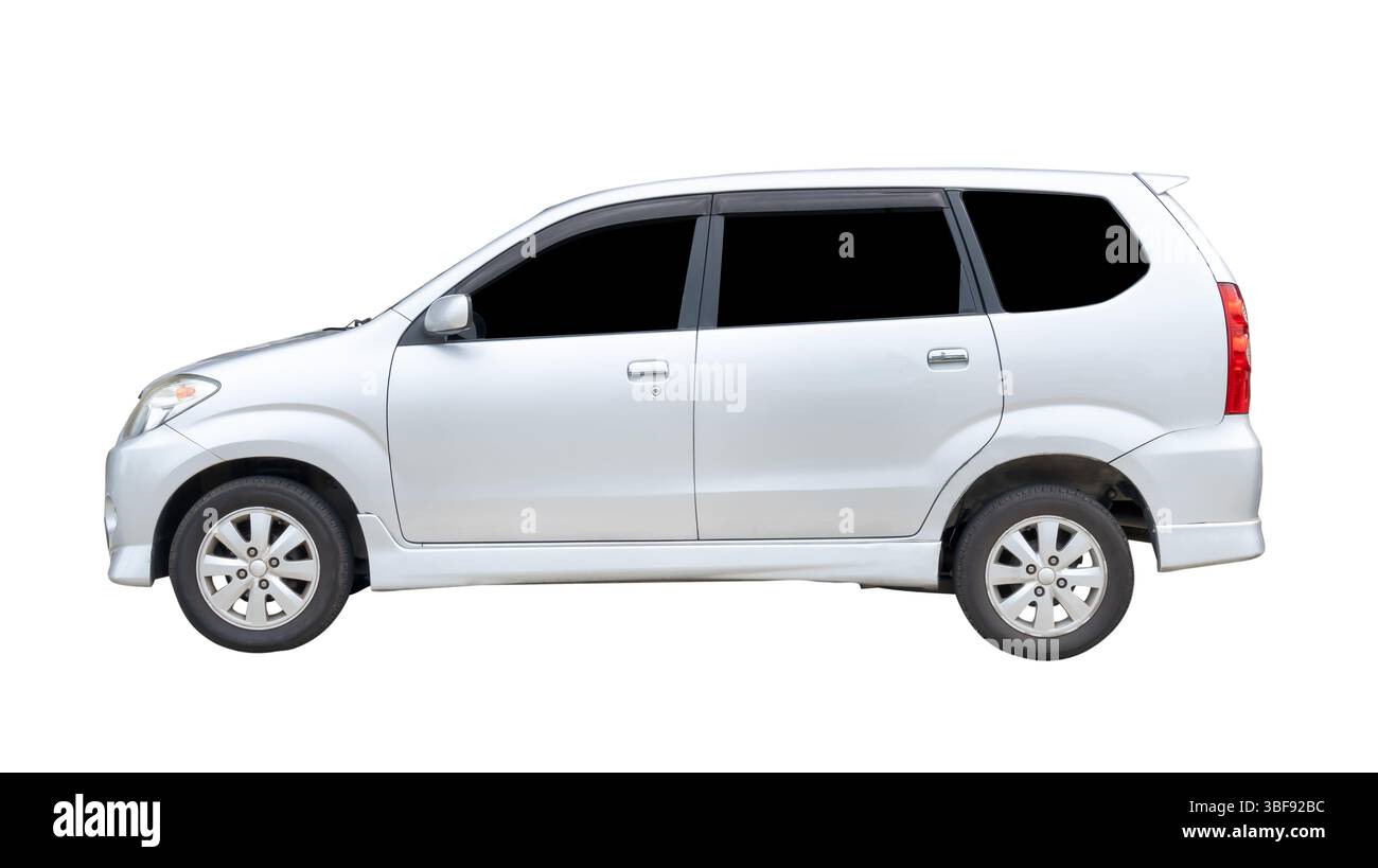 Left side view of mini or small white hatchback car is isolated on ...