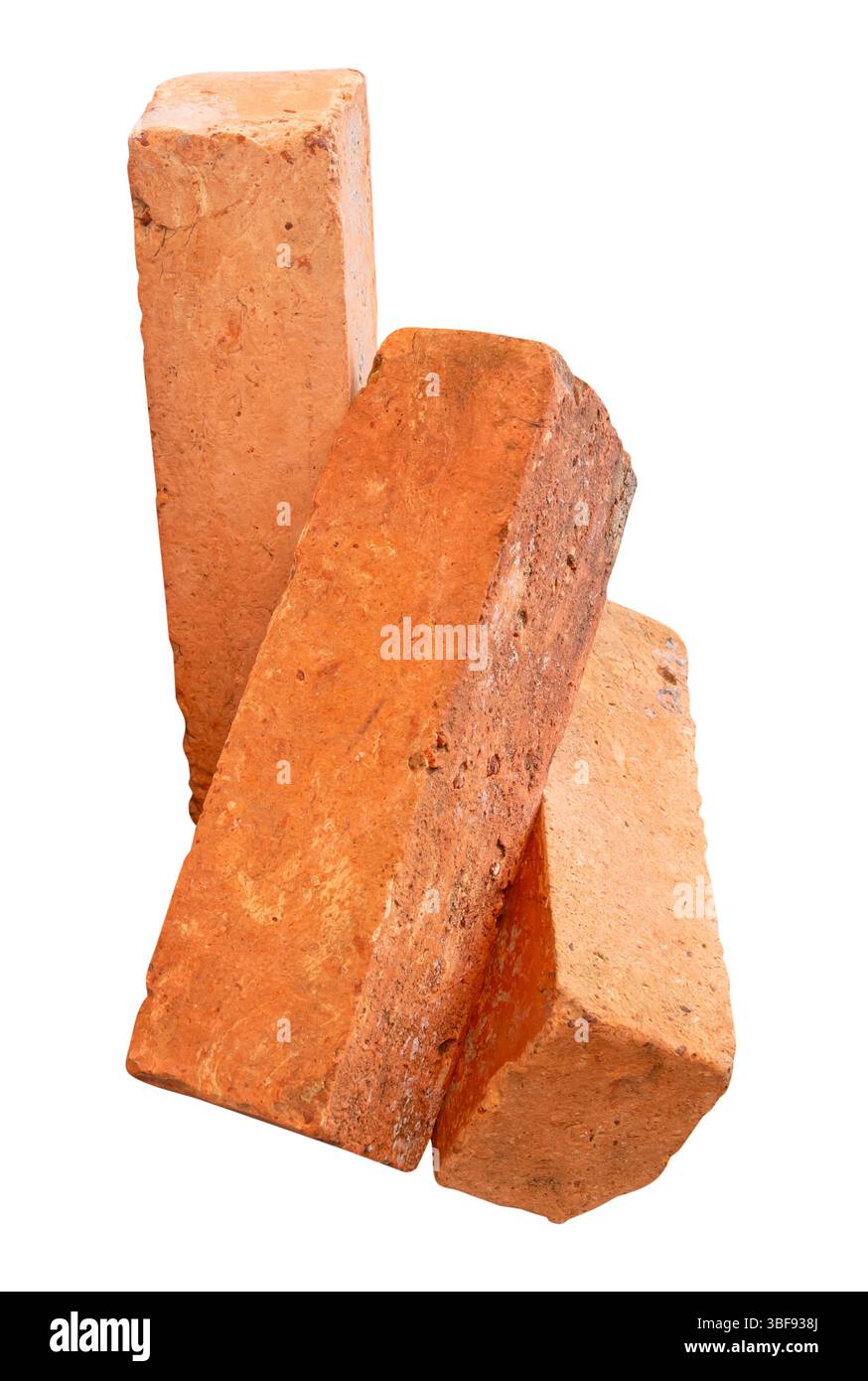 Side view of three cracked old red or orange bricks in stack is ...