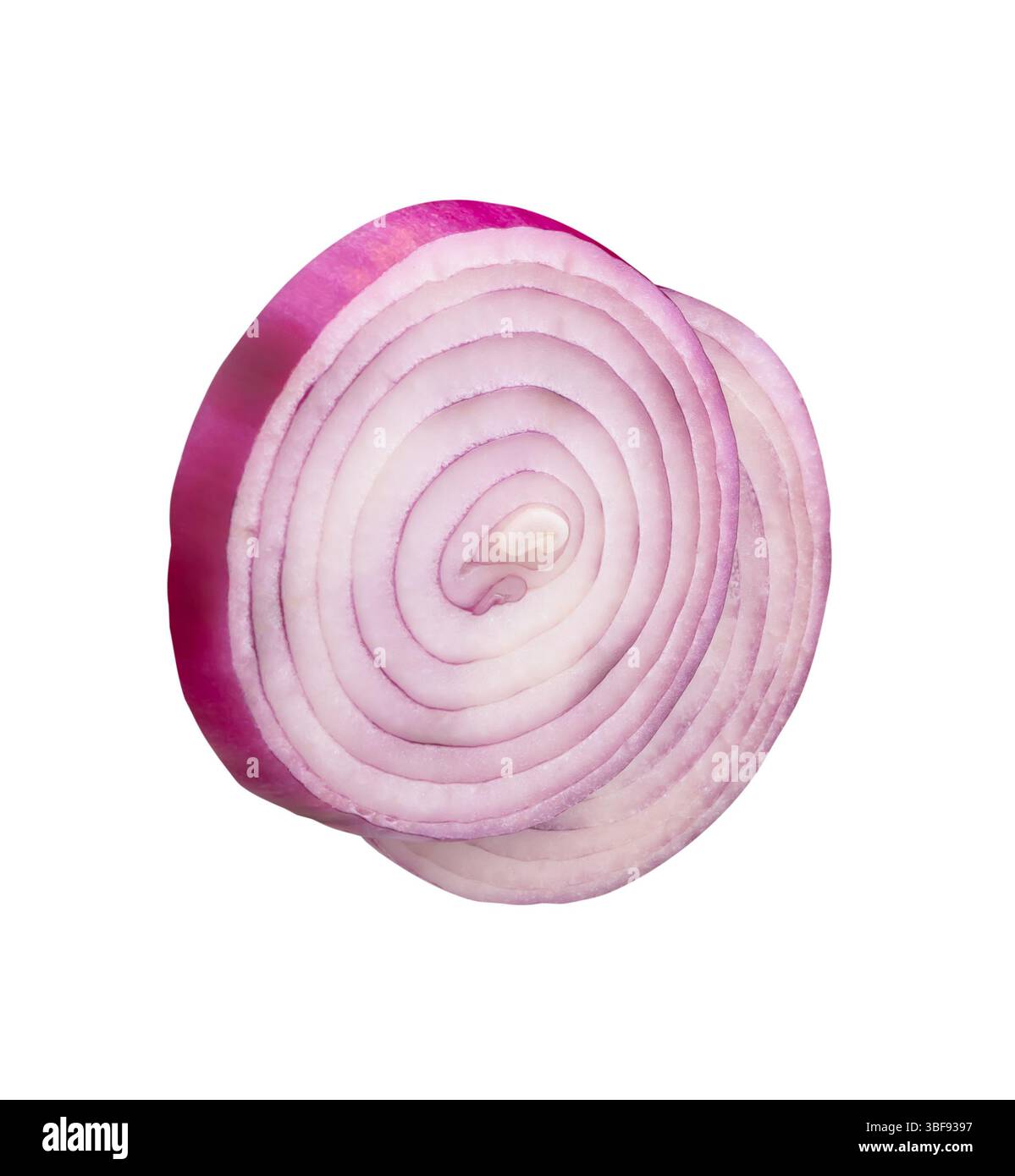 Fresh peeled red or purple Spanish onion in two slices in circle shape ...