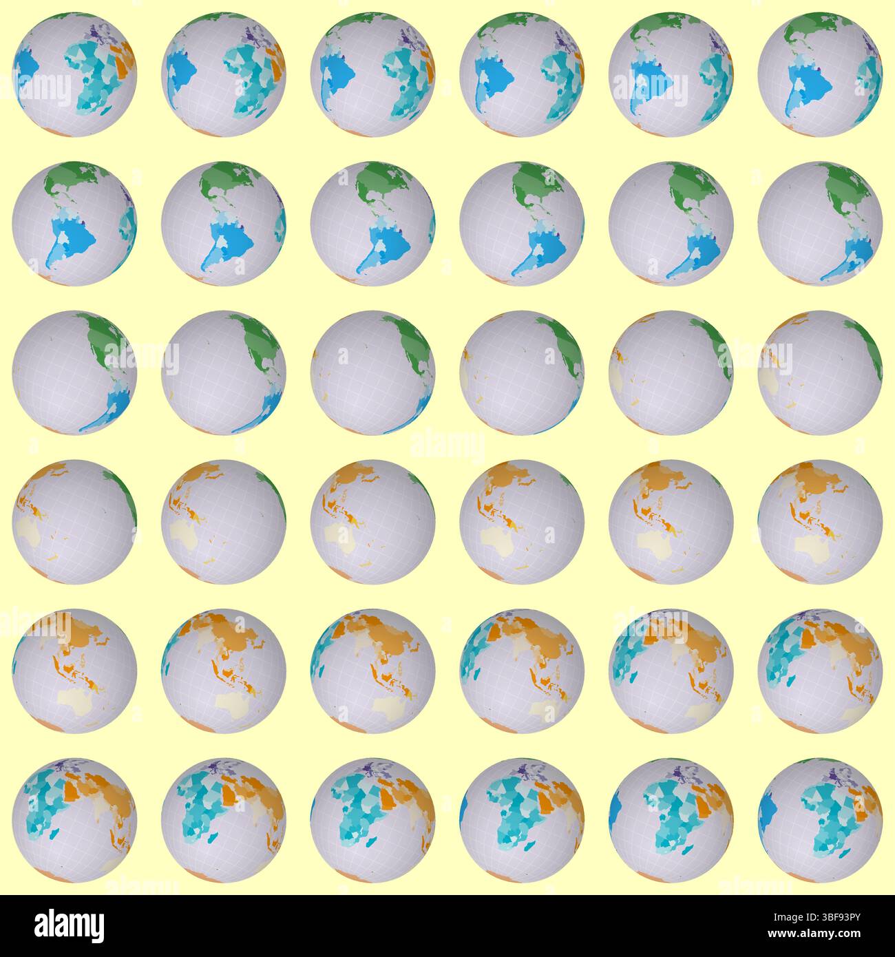 Collection of globes. Tilted sphere view. Rotation step 10 degrees ...