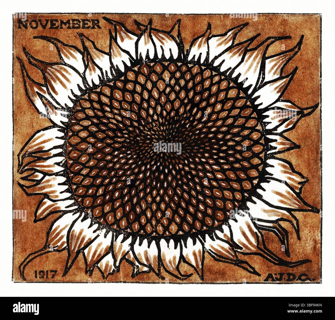 Woodcut of sunflower by Julie de Graag, 1917 - Dutch Art Nouveau with ...