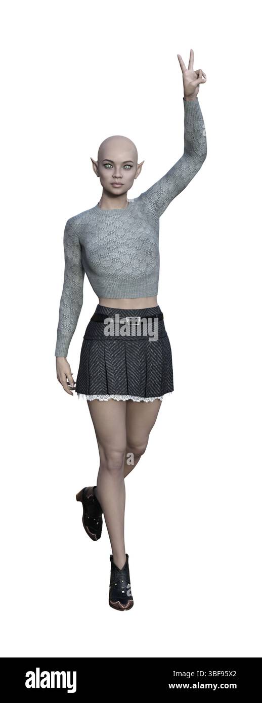 3d illustration of a bald female alien with pointy ears in a skirt and ...