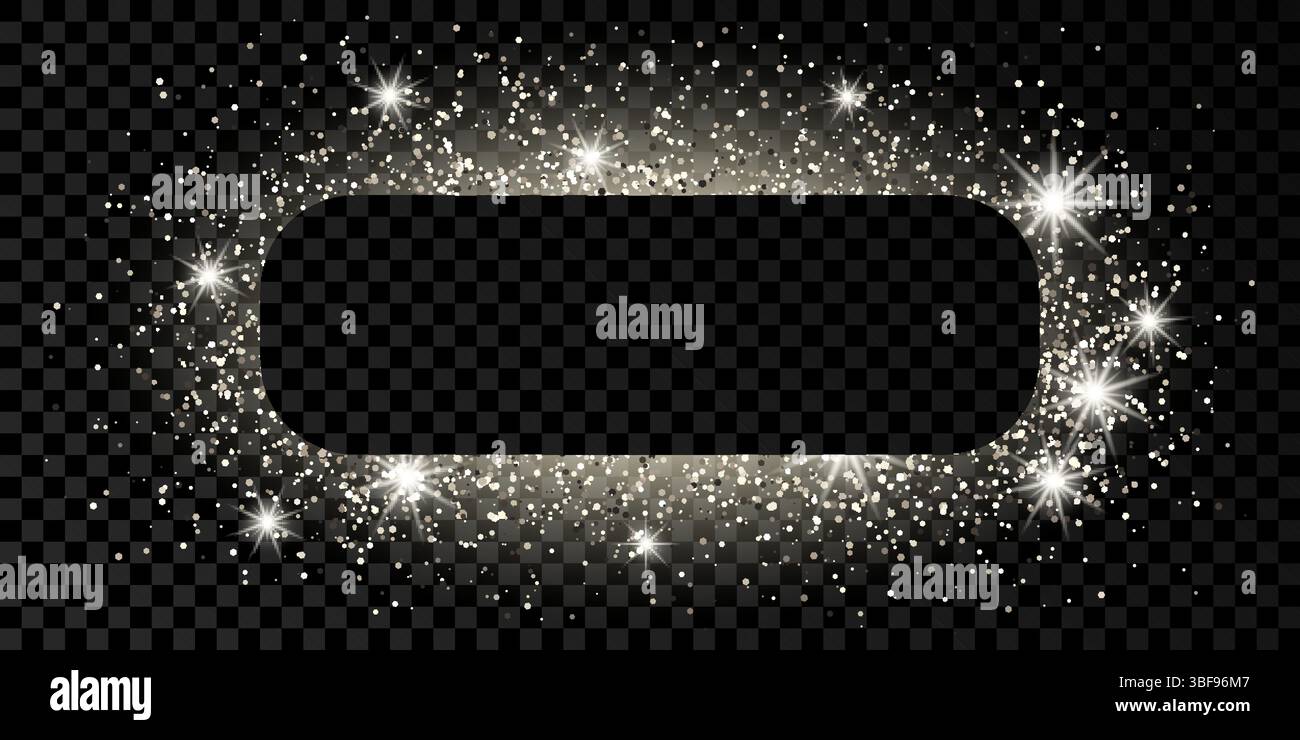 Silver rounded rectangle frame with glitter, sparkles and flares on dark transparent background ...