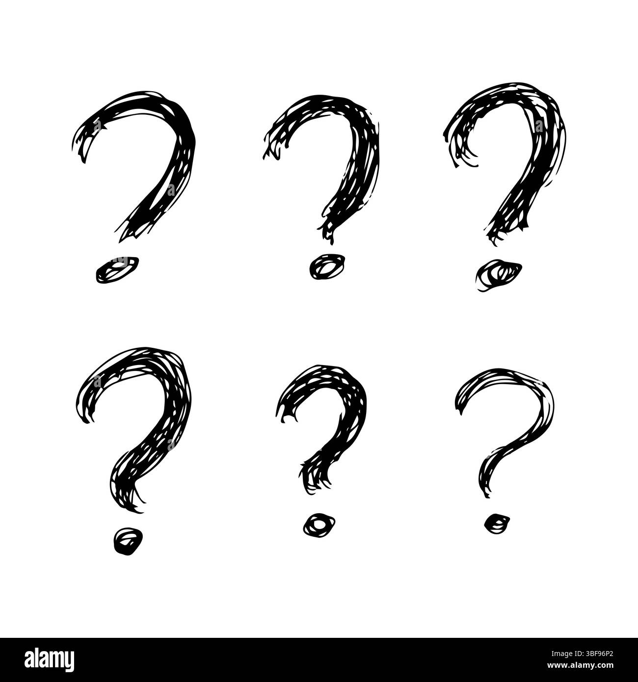 Set of six hand drawn question mark symbols. Black sketch question mark ...
