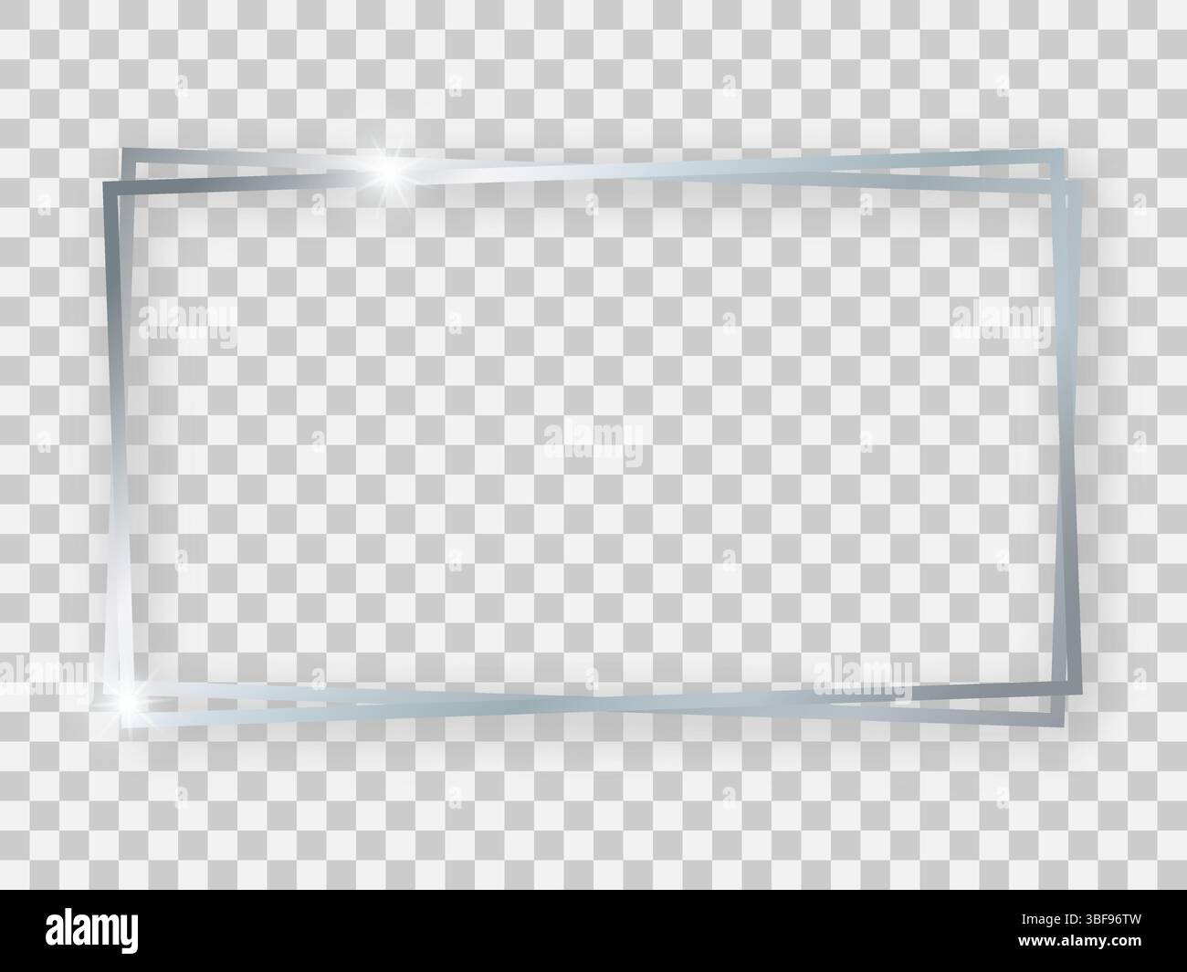 Double silver shiny 16x9 rectangular frame with glowing effects and shadows on transparent ...