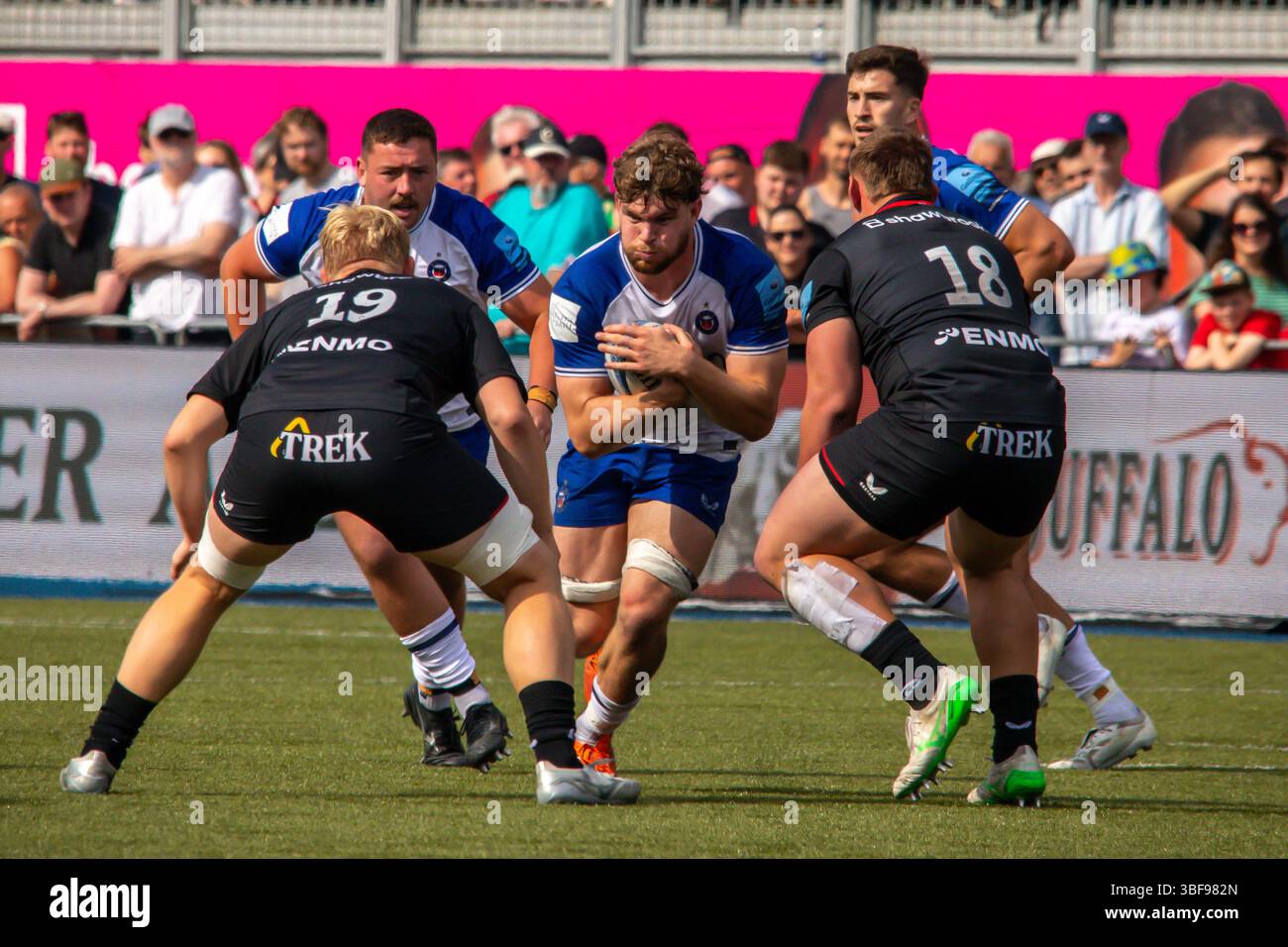 London, UK, 31st May 2025 Bath flanker Ethan Staddon attacks the ...