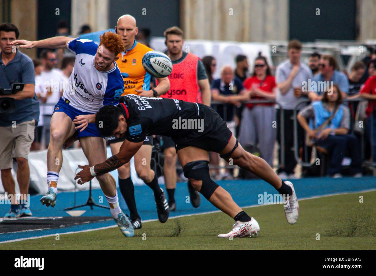 London, UK, 31st May 2025 Saracens player Theo McFarland puts in a big ...