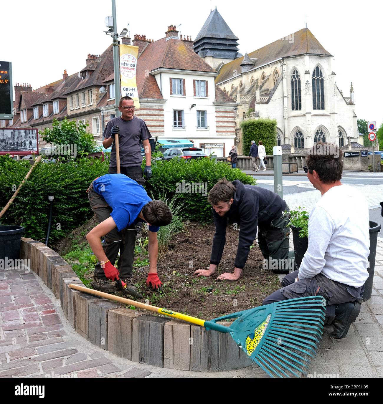 Municipal gardeners planting flowers in Pont-l'Évêque, France Stock ...