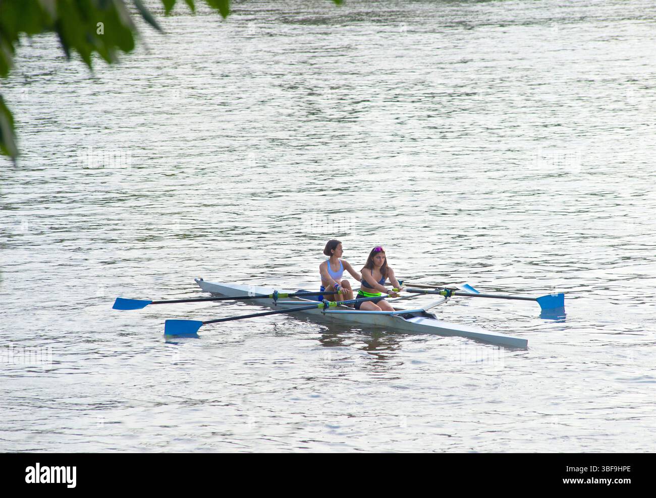 Rowing in tandem on the River Po, Turin. Rowing is the act of ...