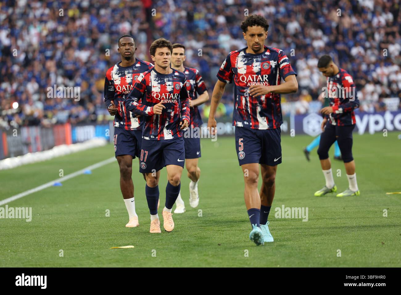 Paris Saint-Germain players warm-up before the Champions League final ...