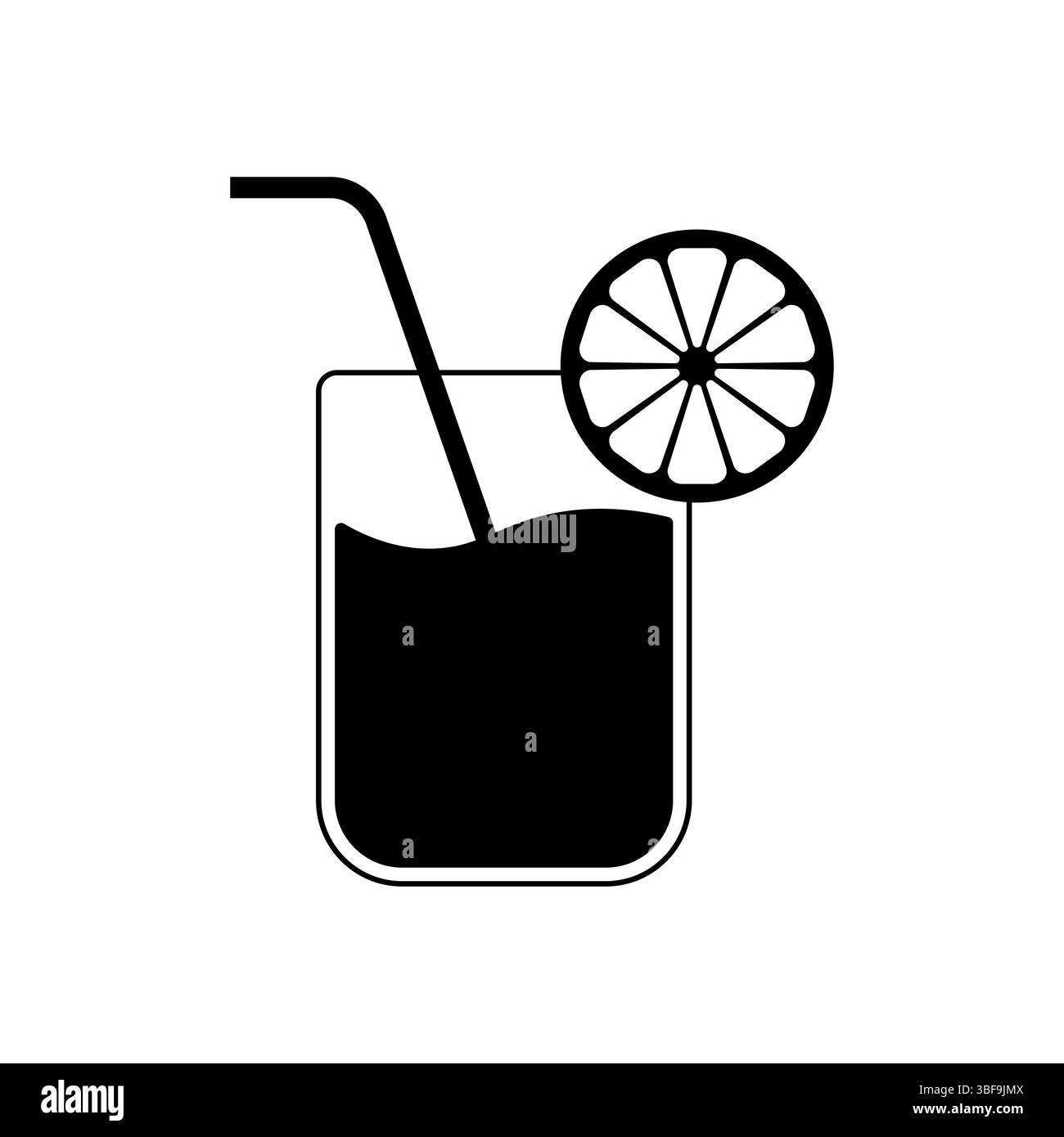 Juice Glass with Straw and Citrus Slice Vector Illustration. A black and white vector ...