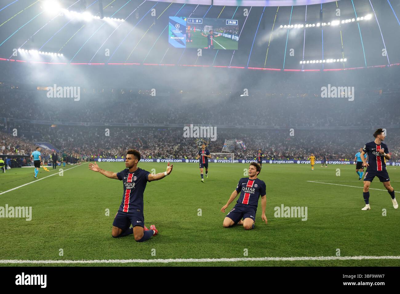 PSG's Desire Doue, left, celebrates after scoring his side's second ...