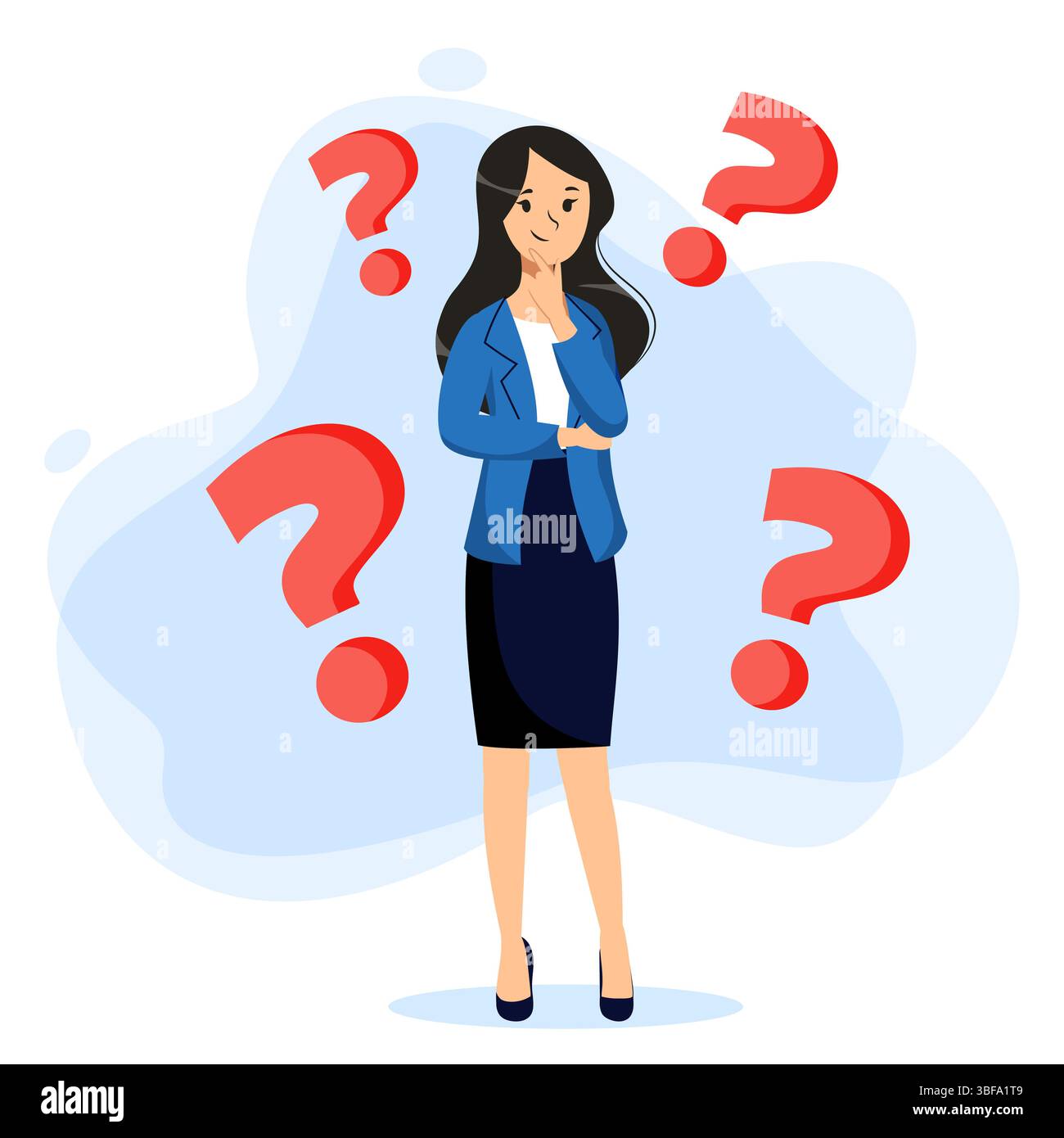 Thoughtful woman surrounded by red question marks. Vector flat cartoon ...