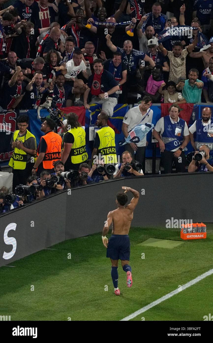 PSG's Desire Doue celebrates after scoring his side's third goal ...