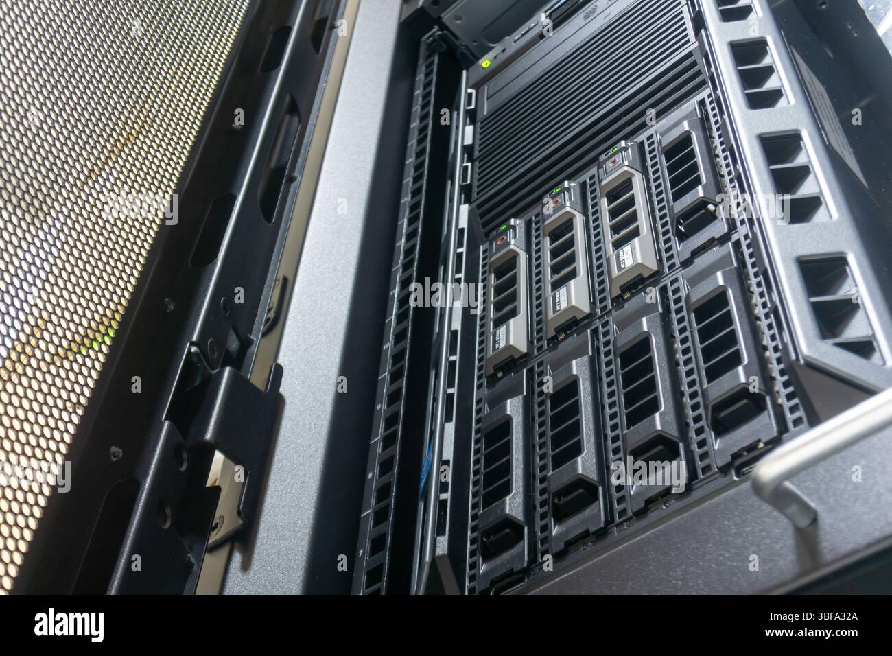 An inside view of a server rack showcasing multiple blade servers and ...