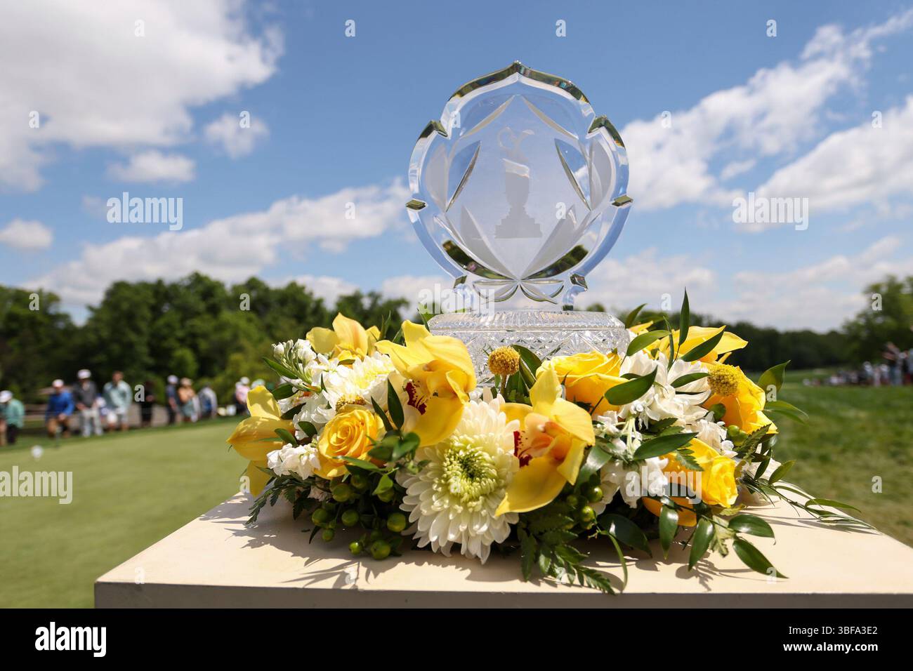 DUBLIN, OH - MAY 31: The Memorial Tournament trophy sits on the first ...