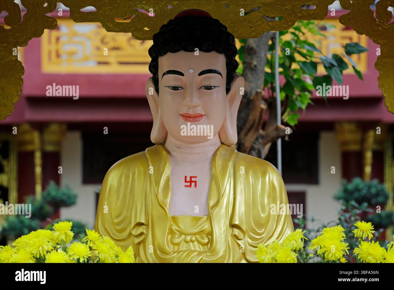 Big Buddha statue, with a red Swastika in his chest, is seen at Linh ...
