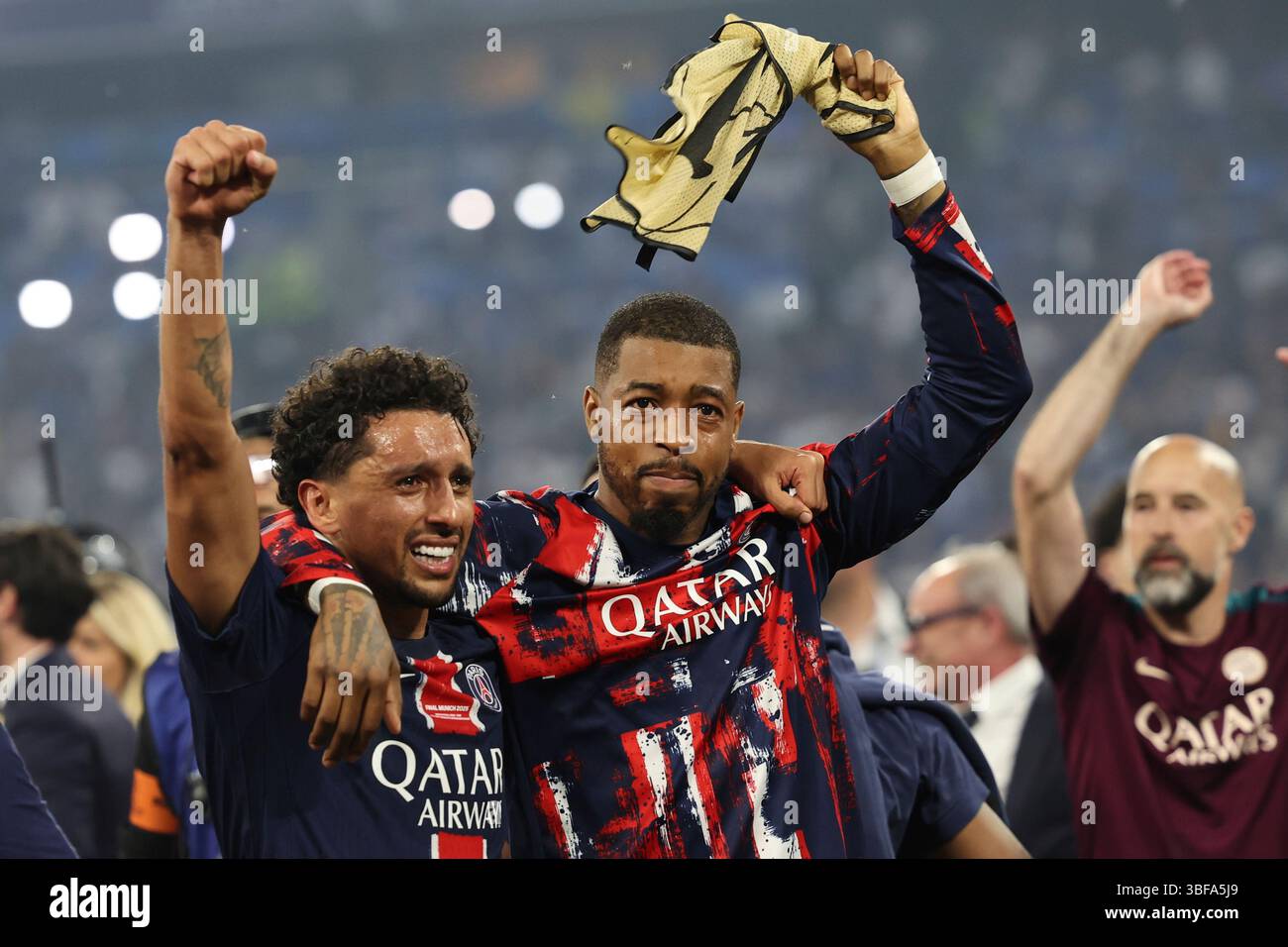 PSG's Marquinhos, left, and PSG's Presnel Kimpembe celebrate after the ...