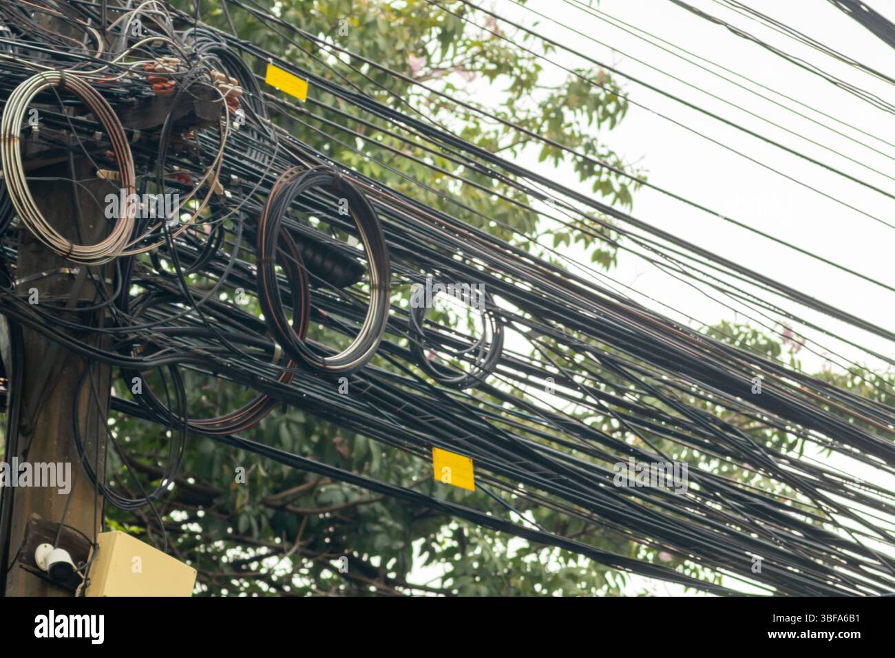 A close-up view of a complex network of electrical wires and cables on ...