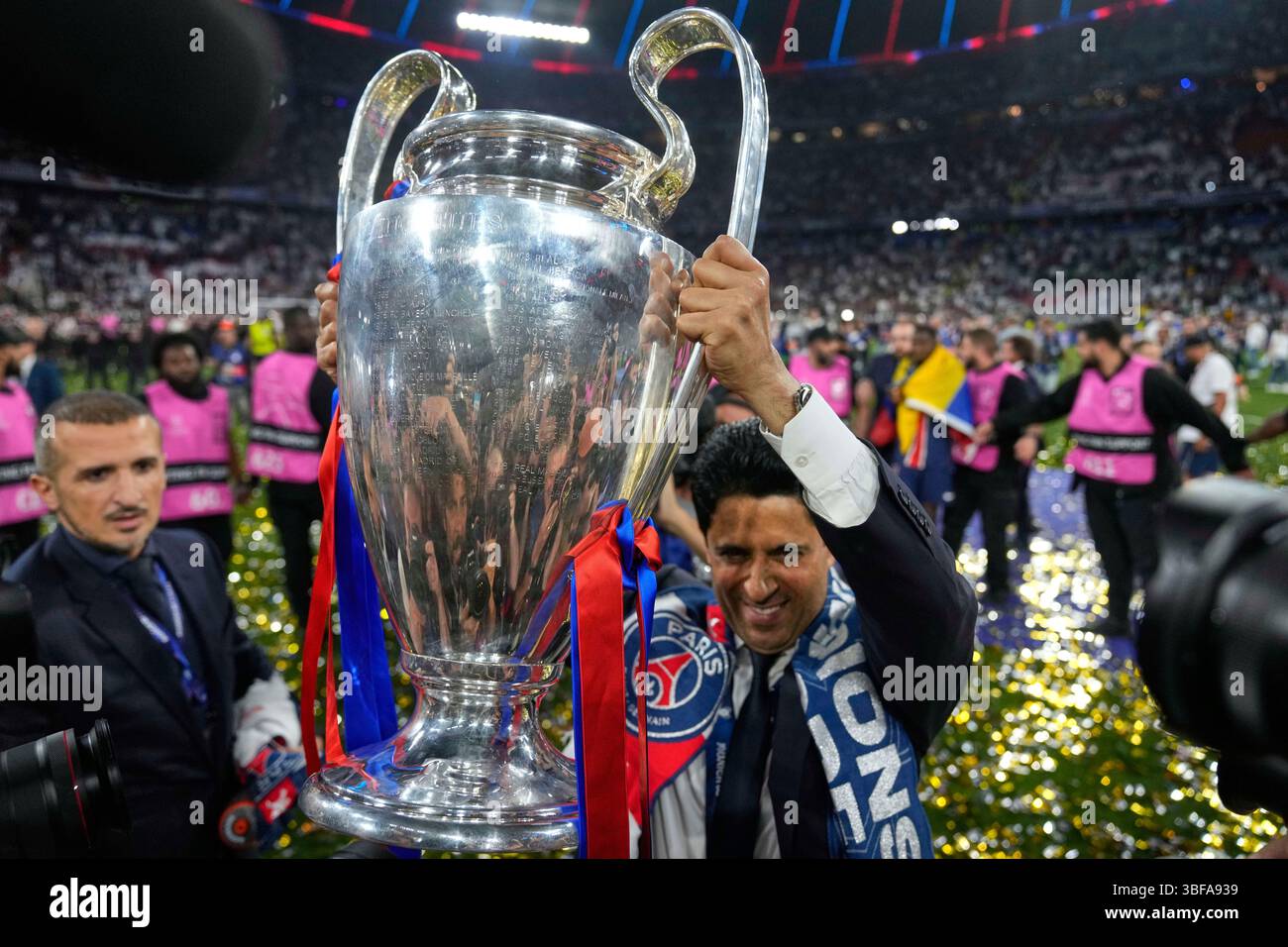 PSG owner Nasser bin Ghanim Al-Khelaifi poses with the trophy after the ...
