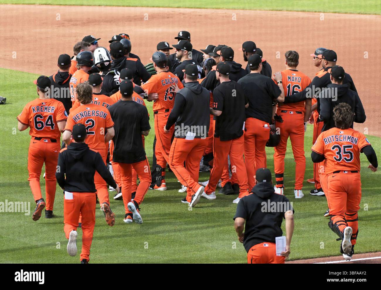 BALTIMORE, MD - MAY 31: The benches clear during the game between the ...
