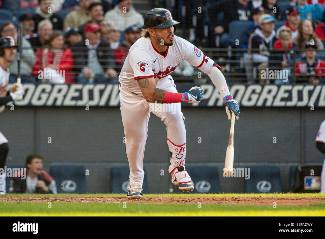 Cleveland Guardians' Gabriel Arias watches his two-run RBI double off ...