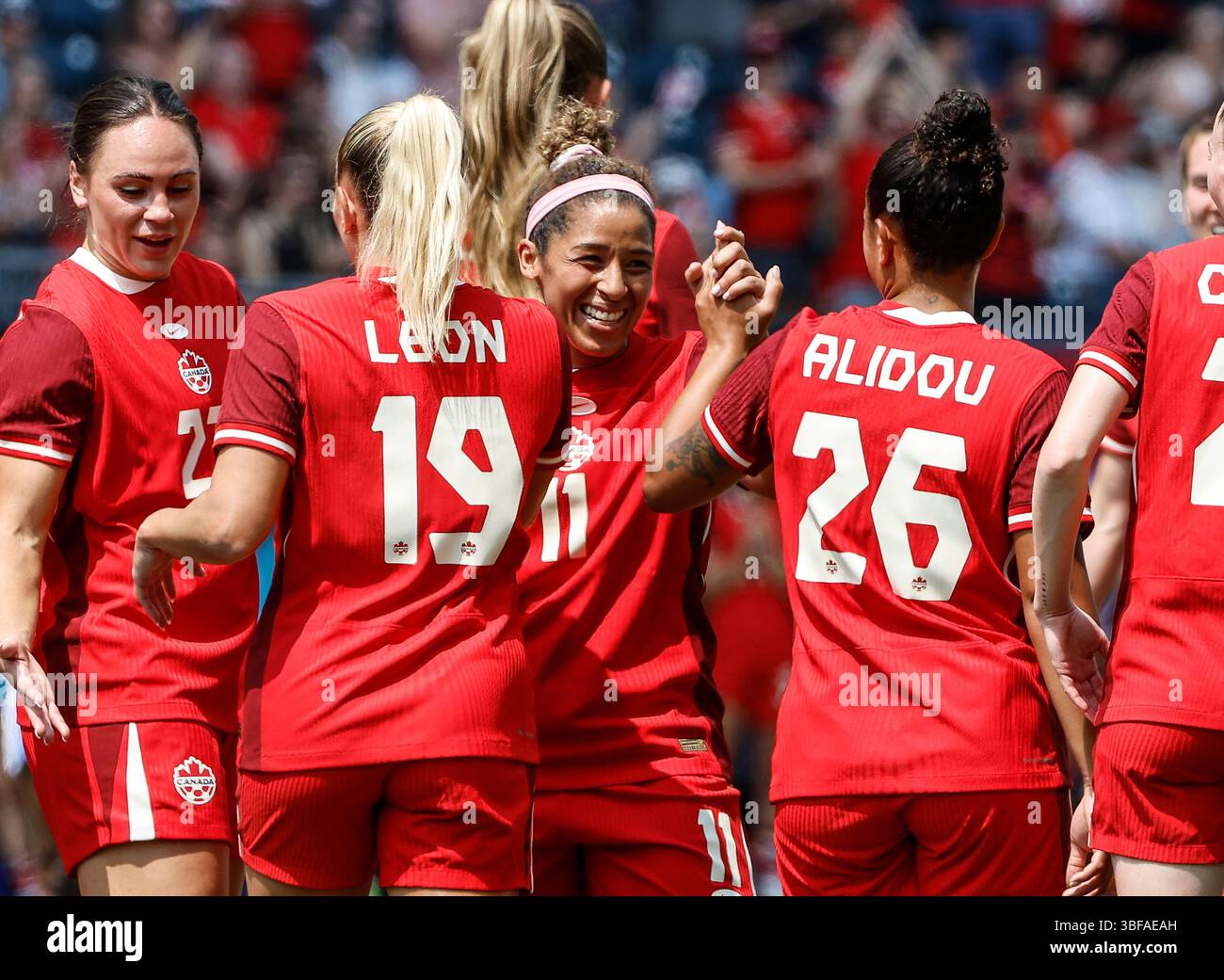 Winnipeg, Canada. 31st May, 2025. Canada's Desiree Scott (11) embraces ...