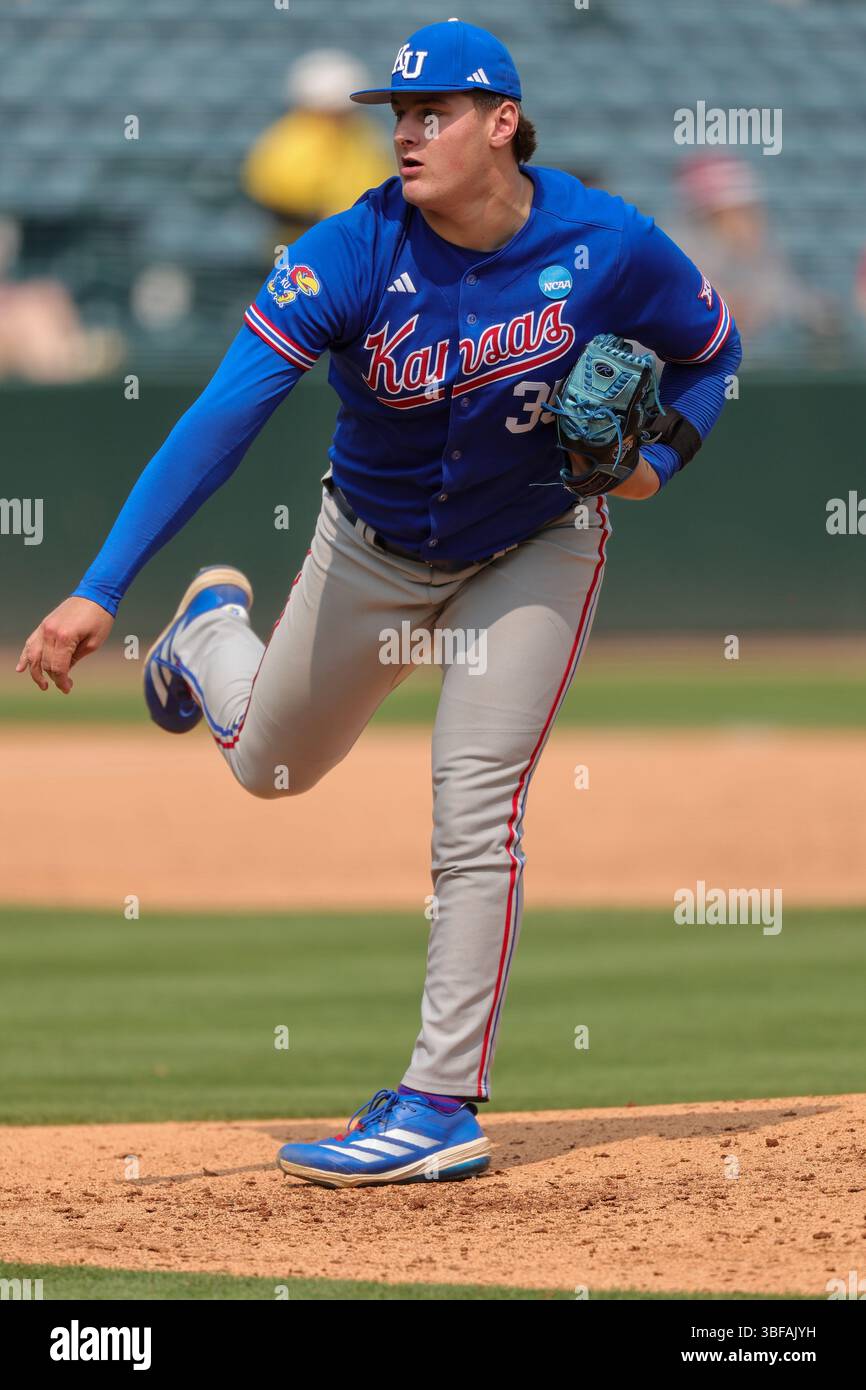 May 31, 2025: Alex Breckheimer (35) Jayhawks pitcher follows through on ...