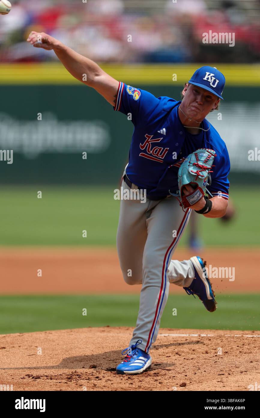May 31, 2025: Kansas pitcher Cooper Moore (11) releases the ball ...