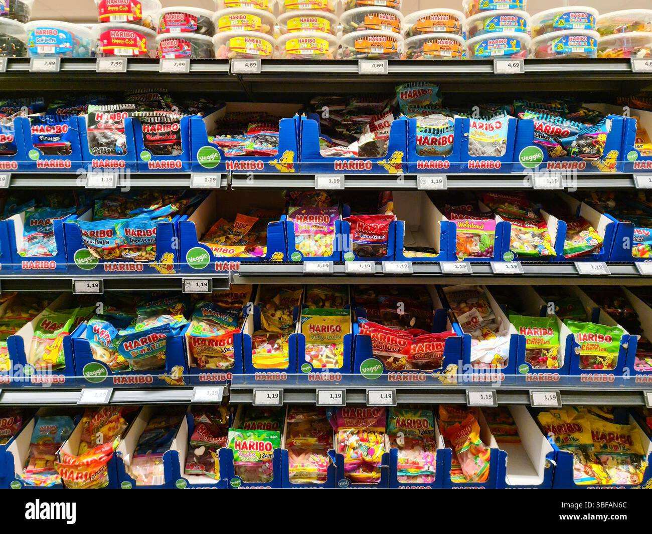Kiel, Germany - 28. May 2025: Various types of HARIBO gummy candies ...