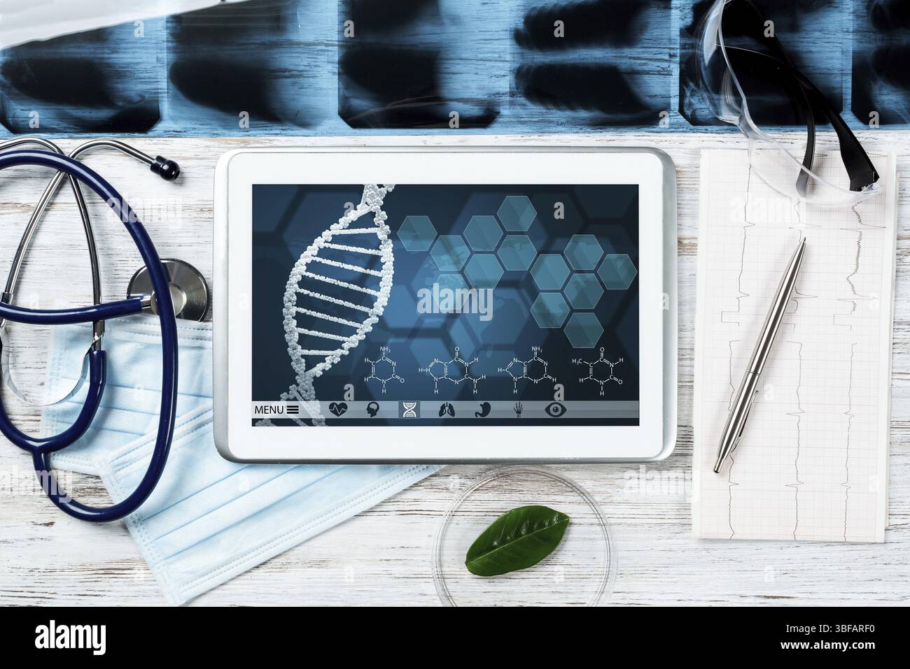 Human genetic research in medical laboratory. Tablet computer with DNA ...