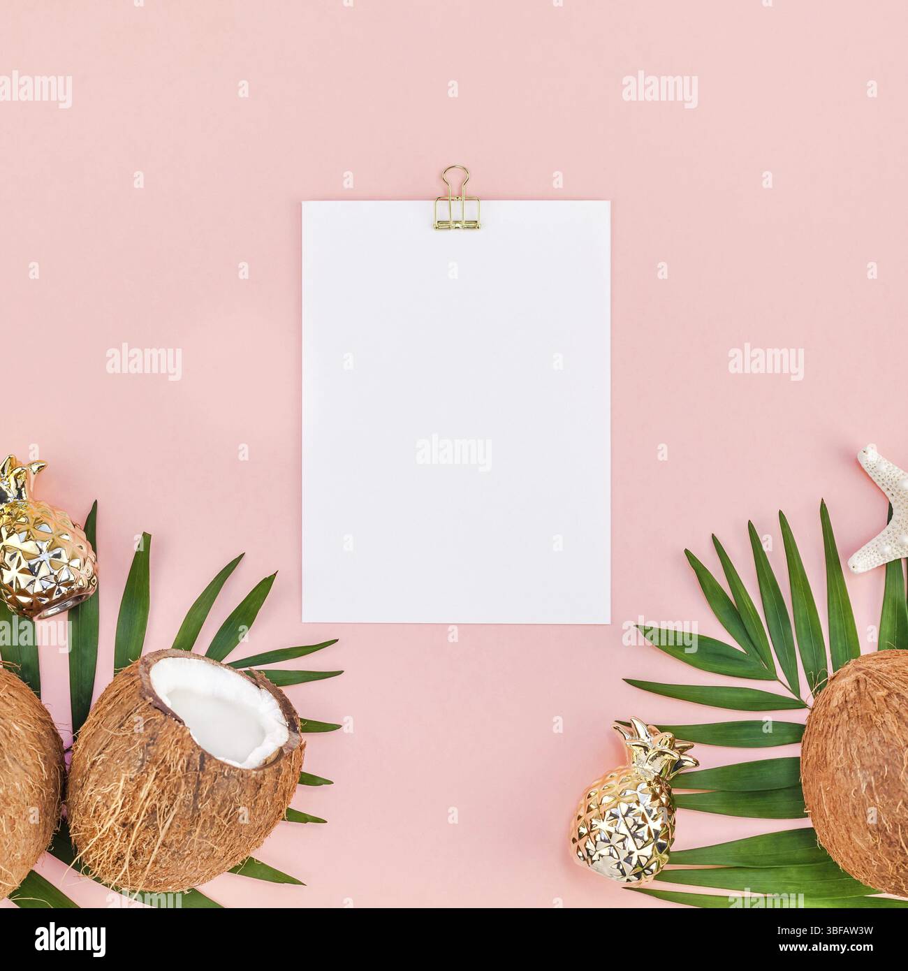 Creative flat lay top view mock up green tropical palm leaves coconuts ...