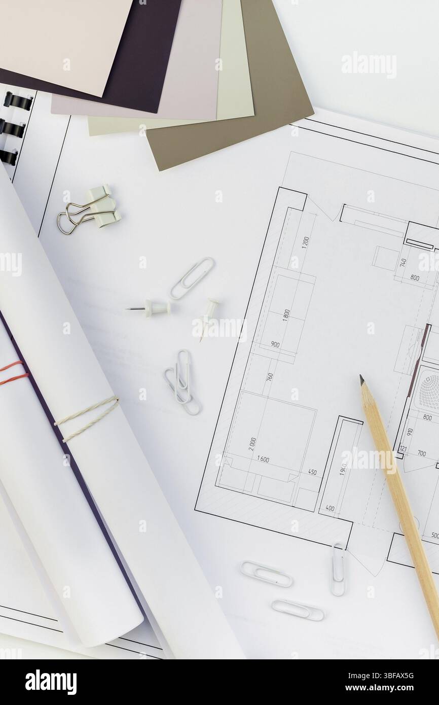 Creative flat lay overhead top view blueprints architectural flat ...