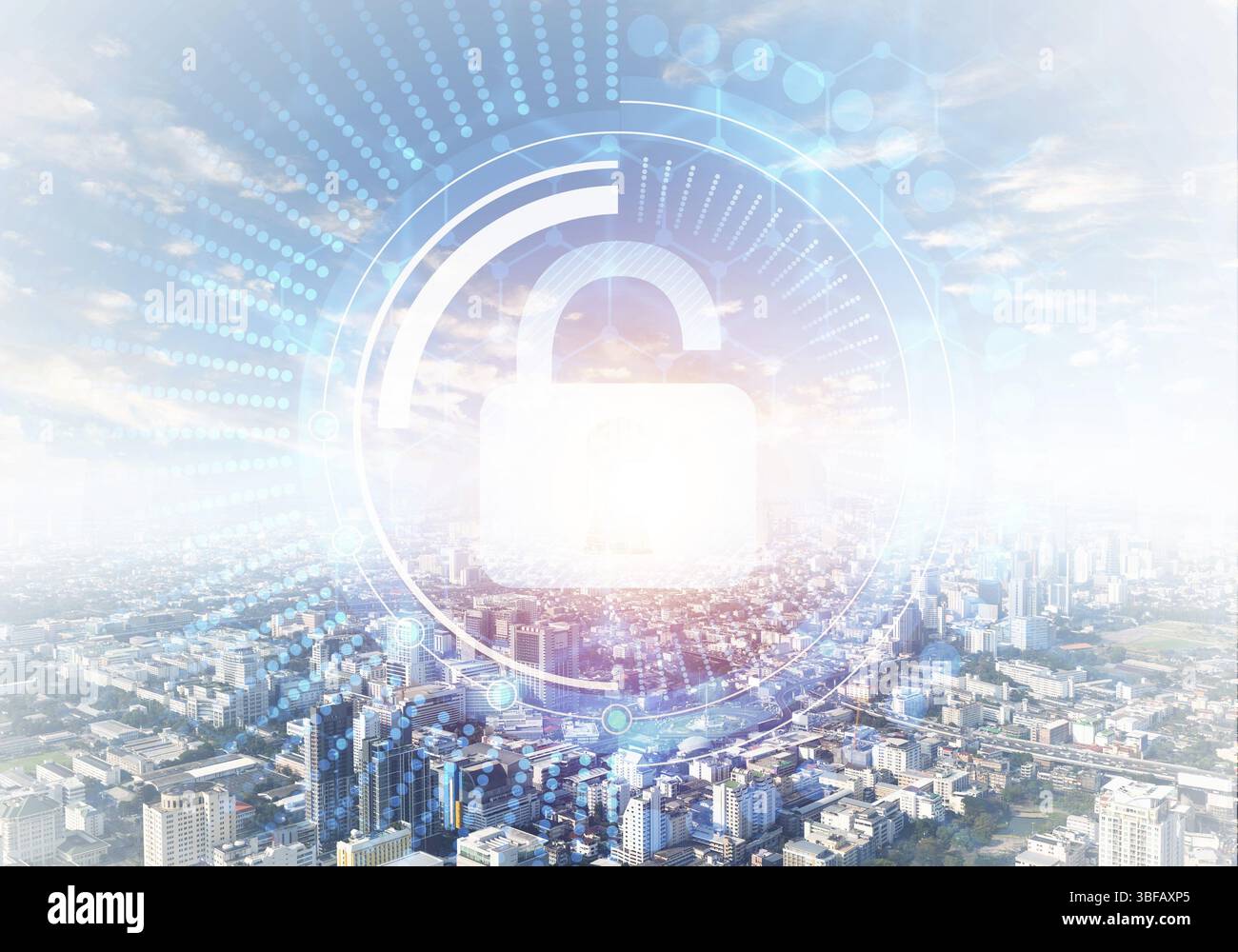 Cybersecurity mixed media with virtual locking padlock on cityscape ...