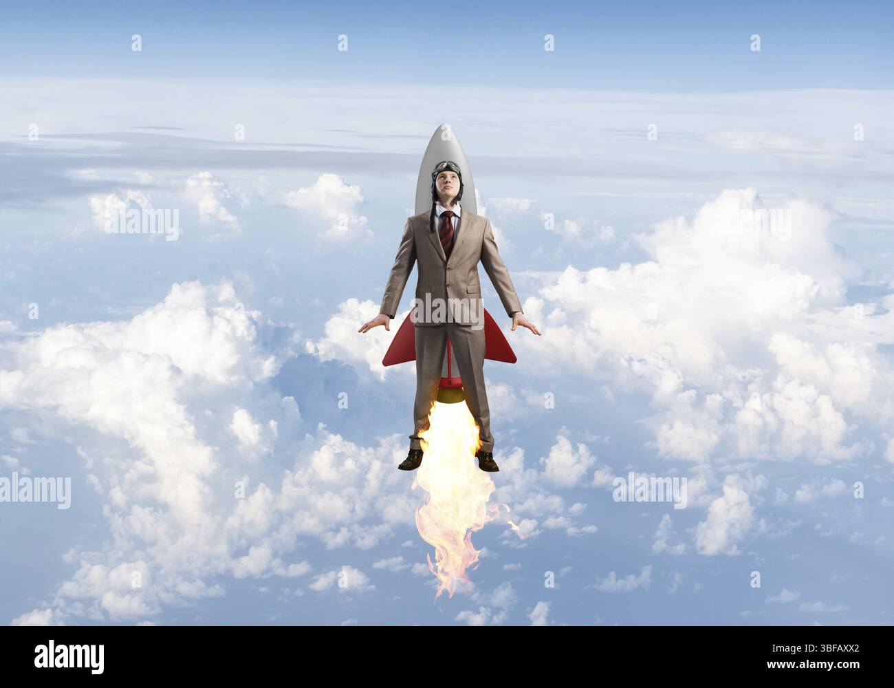 Business person in suit launching upwards on rocket. Progress and ...