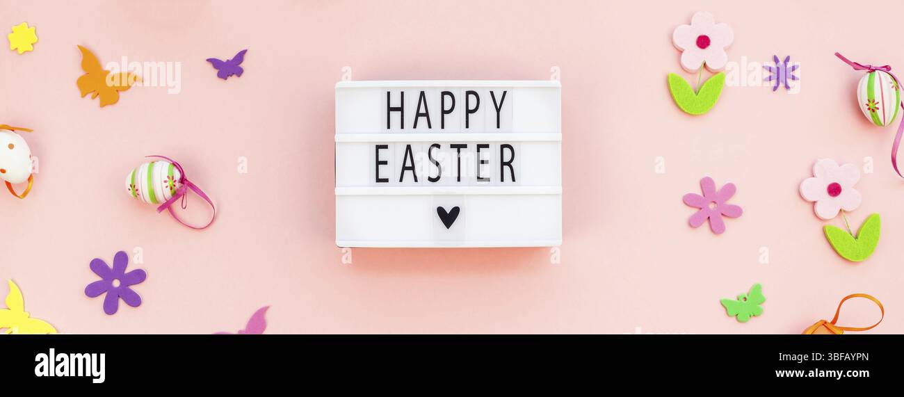 Creative Top view flat lay holiday composition Happy Easter text on ...