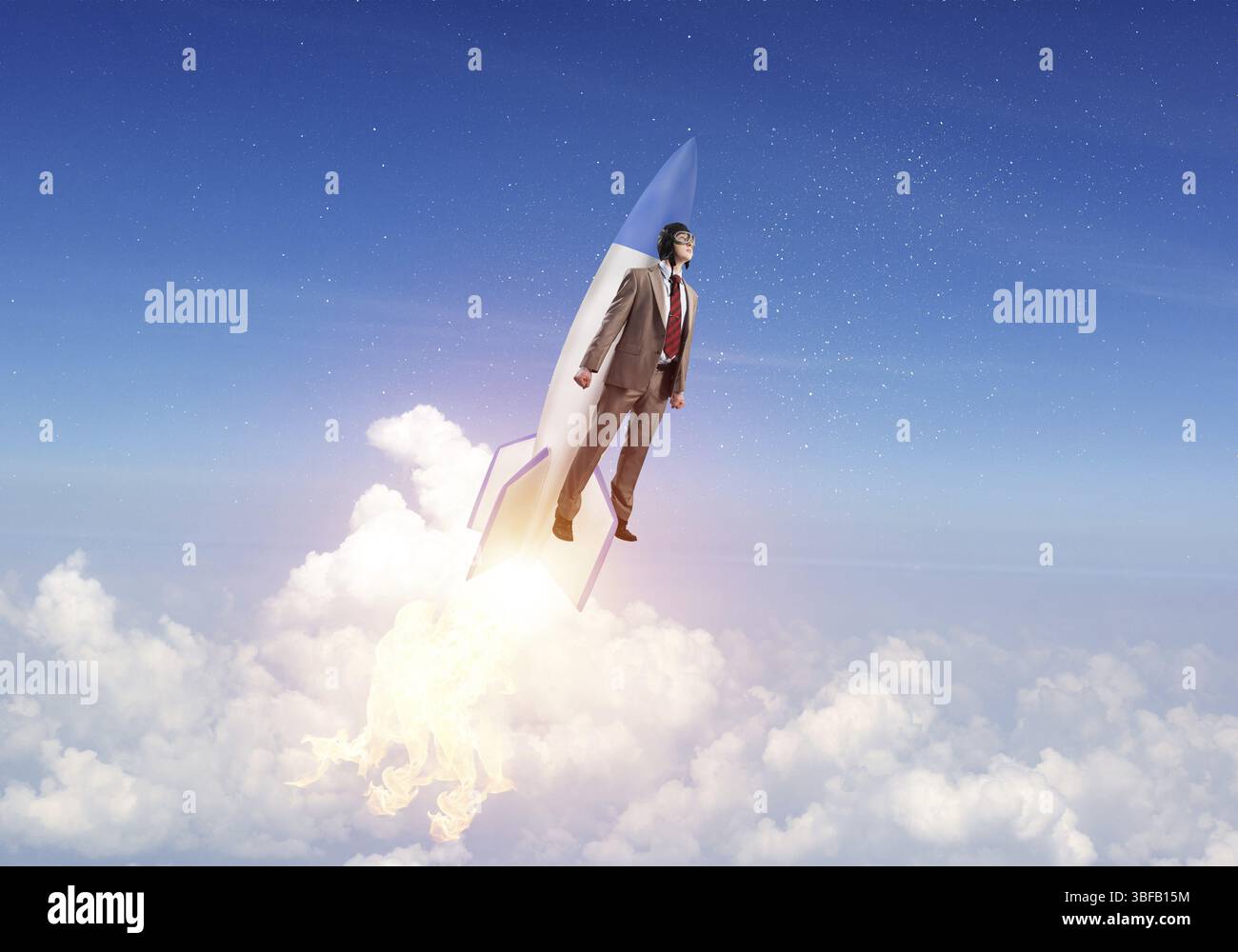 Business person in aviator hat flying on rocket. Progress and ...