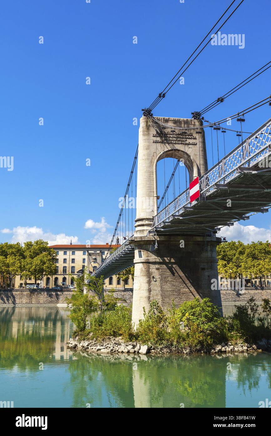 Old Passerelle du College bridge over Rhone river in Lyon, France ...