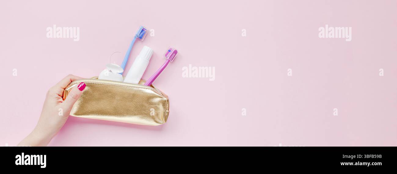 Teeth hygiene and oral dental care products in golden travel cosmetic ...